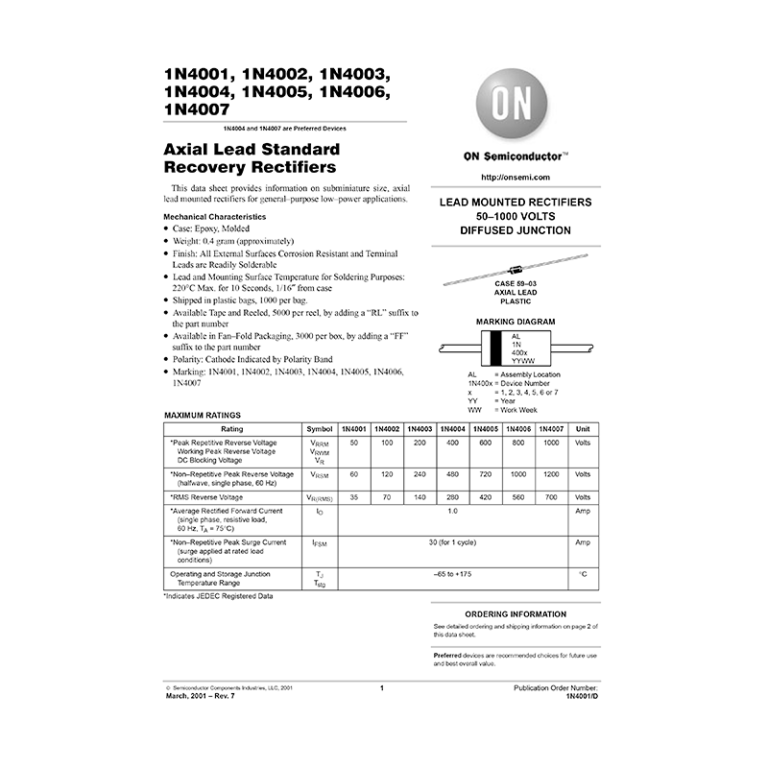 1N4002 onsemi 100V 1A Standard Recovery Rectifier Datasheet