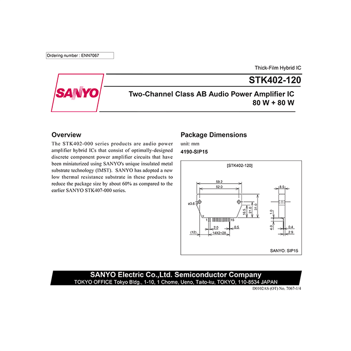 STK402-120 Sanyo 80W+80W audio power amplifier Datasheet