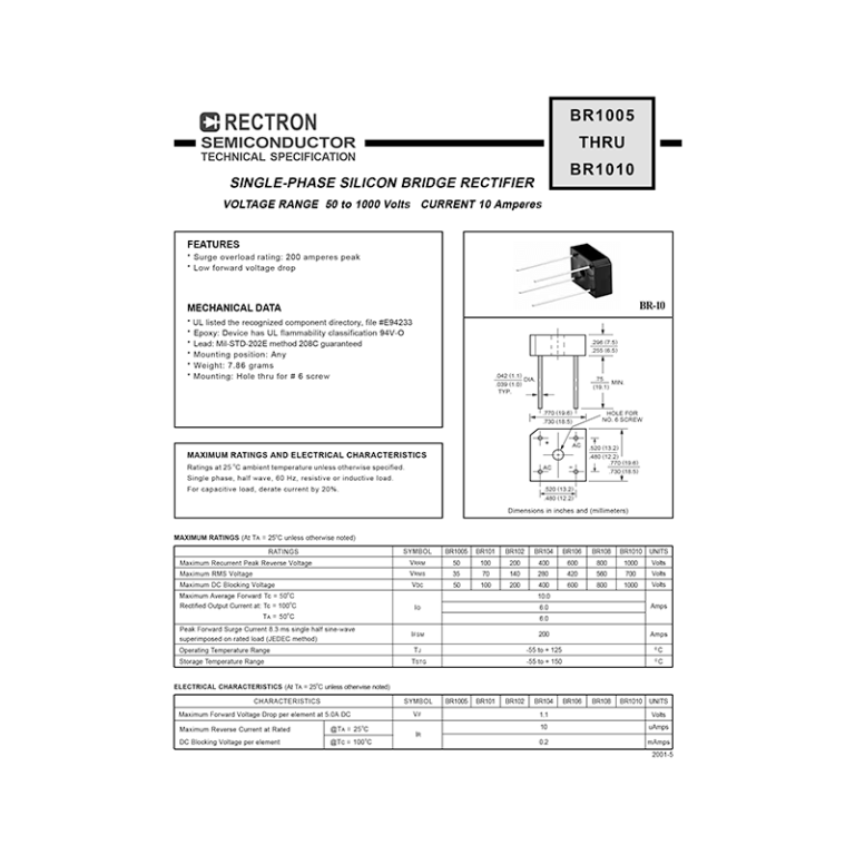 BR102 Rectron 200V 10A Bridge Rectifier Datasheet