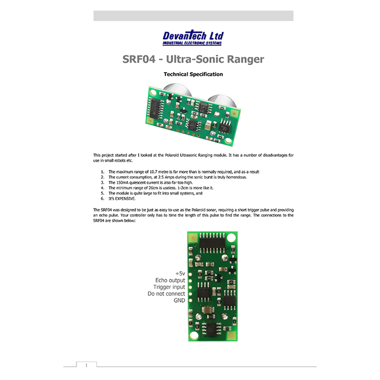 SRF04 Devantech Ultra-Sonic Range Finder Datasheet