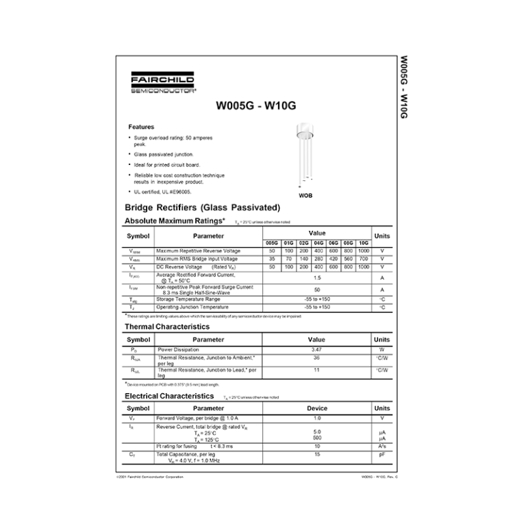 W08G Fairchild 800V 1.5A bridge rectifier Datasheet