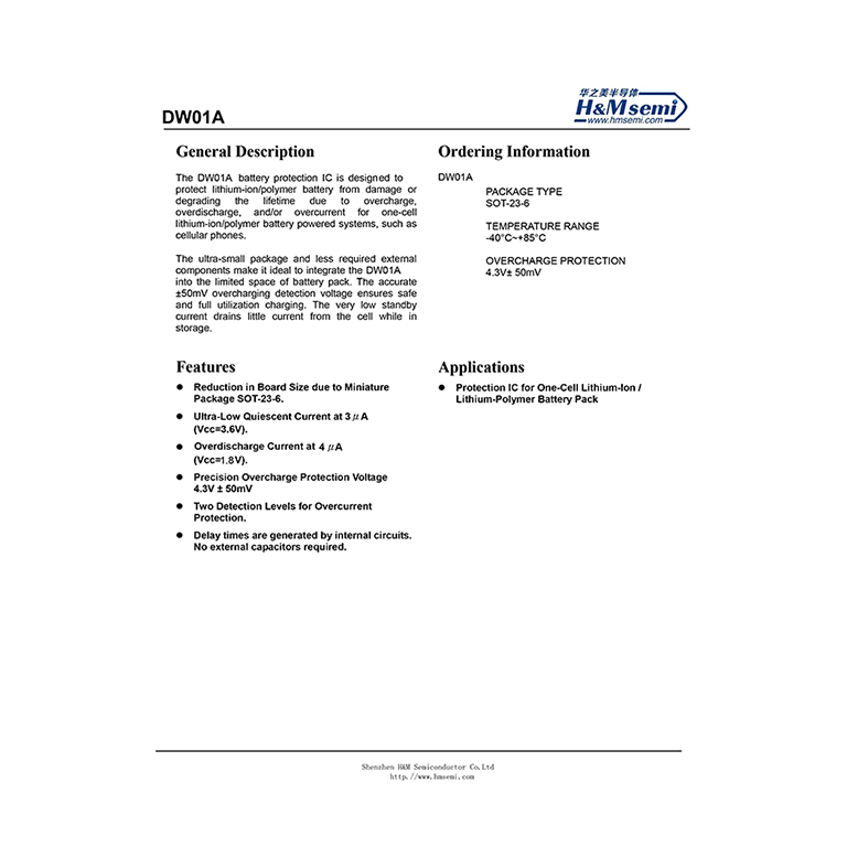 DW01A HMsemi Battery Protection IC Datasheet