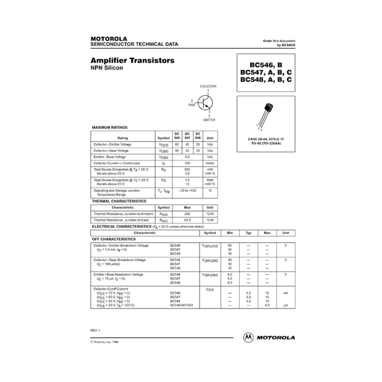BC546B Motorola NPN Transistor Datasheet