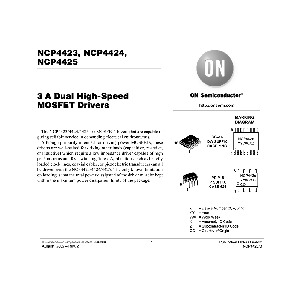NCP4425 Onsemi 3A Dual High Speed MOSFET Driver Datasheet