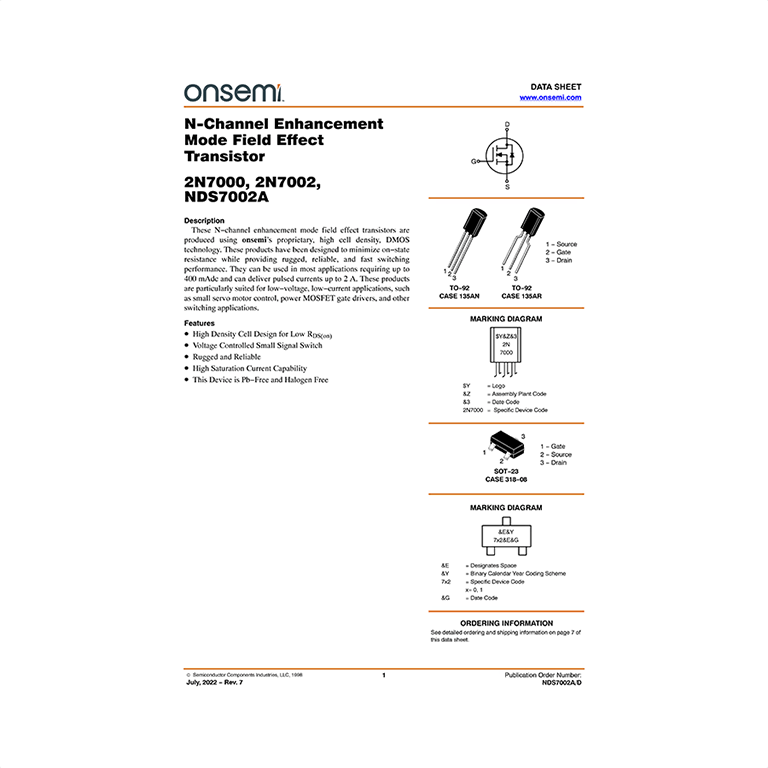 2N7002 onsemi N-channel 60V MOSFET Datasheet