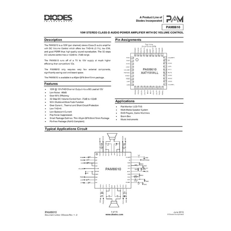 PAM8610 Diodes 10W Stereo Class-D Audio Amplifier Datasheet