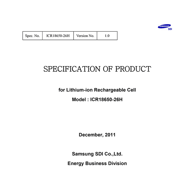 Samsung SDI ICR18650-26H Rechargeable Li-ion Cell Datasheet