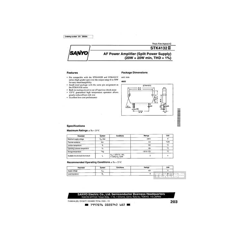 STK4132II Sanyo 20W+20W audio power amplifier Datasheet