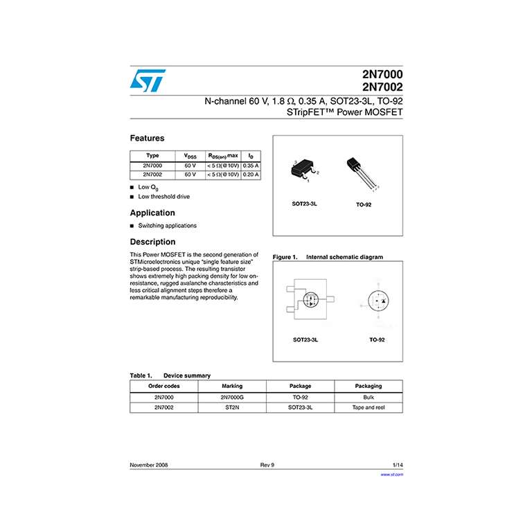 2N7002 ST N-channel 60V STripFET Power MOSFET Datasheet