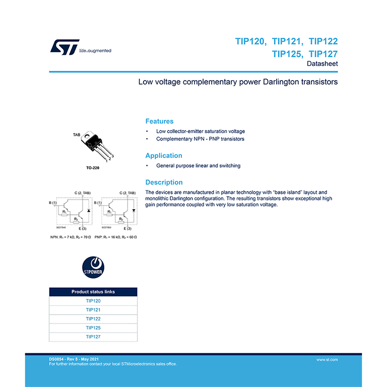 TIP121 ST 5A 80V NPN Power Darlington Transistor Datasheet