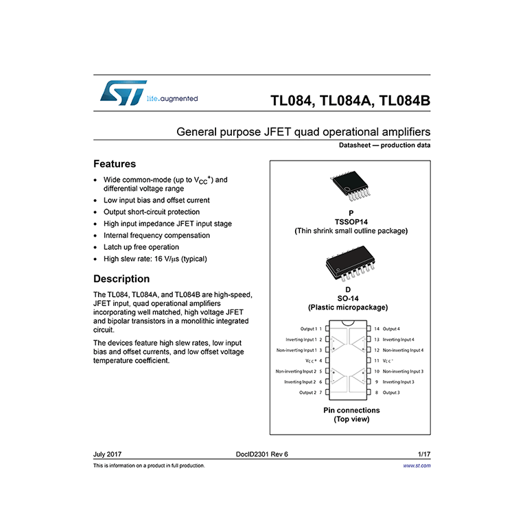 TL084 ST JFET quad operational amplifier Datasheet