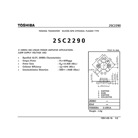 2SC2290 Toshiba Silicon NPN Transistor Datasheet