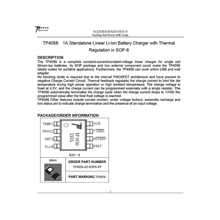 TP4056 Standalone Linear Li-Ion Battery Charger Datasheet