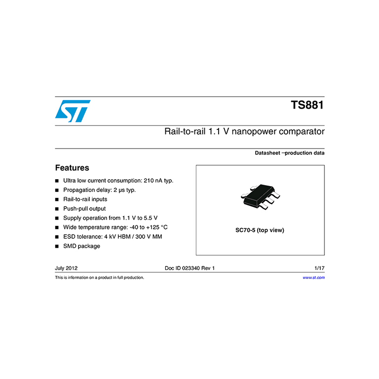 TS881 ST Rail-to-rail 1.1 V Nanopower Comparator Datasheet