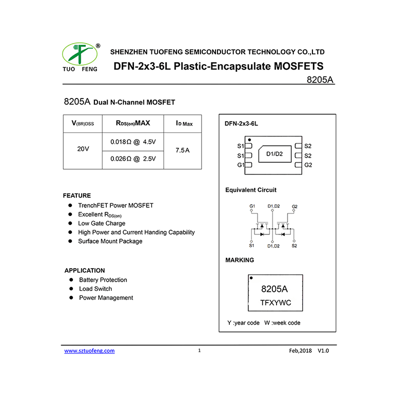 8205A Tuofeng 7.5A 20V Dual N-Channel MOSFET Datasheet