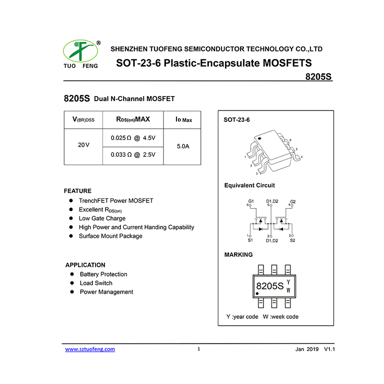 8205S Tuofeng 5A 20V Dual N-Channel MOSFET Datasheet